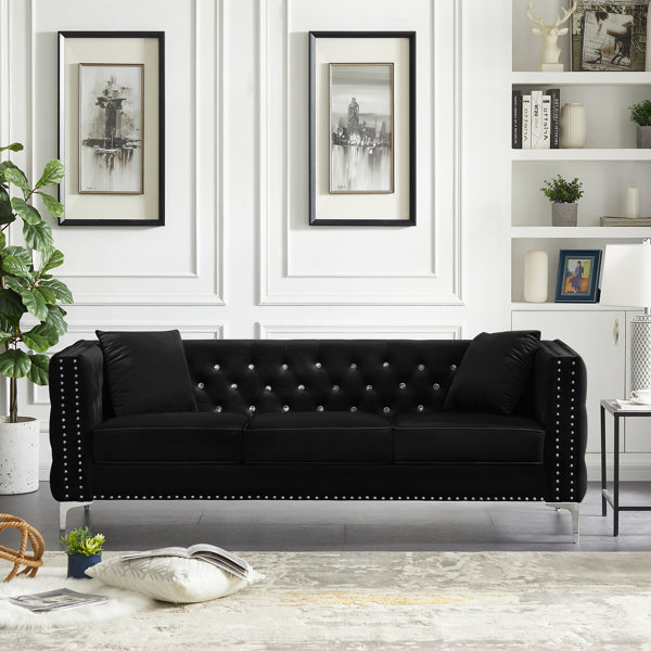 Everly Quinn Okal 82" Velvet Sofas,3-Seat Sofa Couch,Tuxedo Arm Sofa with Reversible Cushions ...